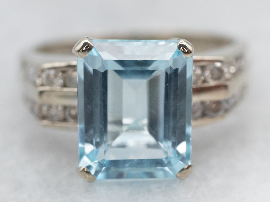 Blue Topaz and Diamond Ring, Topaz Statement Ring, White Gold Topaz ...
