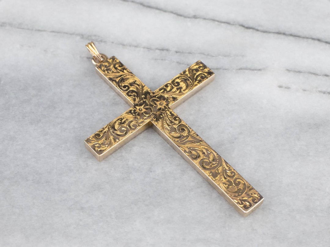 Engraved 1950s Gold Cross, Large Vintage Cross, Yellow Gold Cross ...