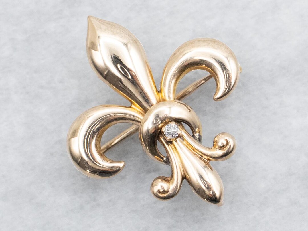 Fleur De Lis Brooch or Pendant With Diamond Accent, Fleur De Lis, Gold Fleur De Lis, Fleur De ...