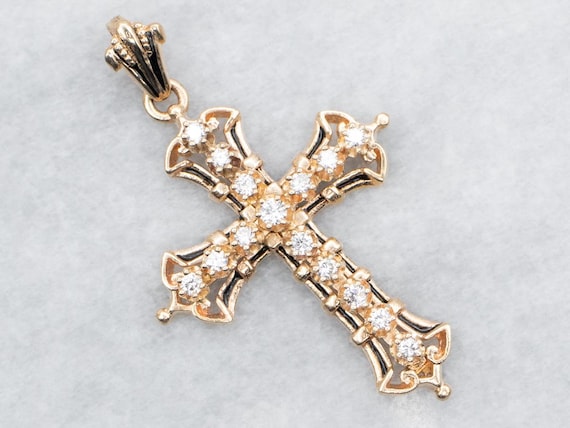 Diamond and Black Enamel Cross Pendant, Diamond Cross… - Gem