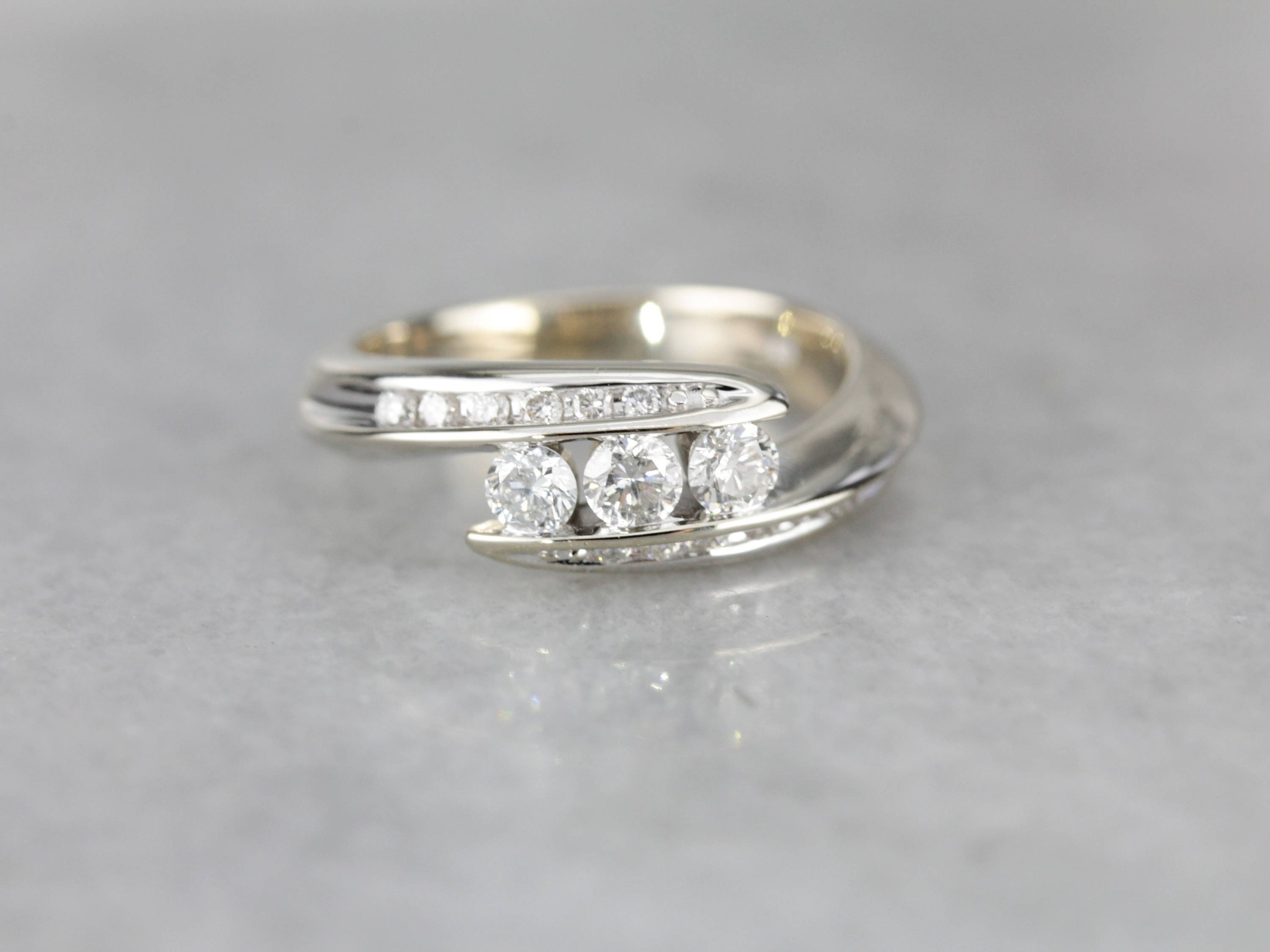 Three Diamond Bypass White Gold Wedding Band, Engagement Ring 6ECXDN - Etsy