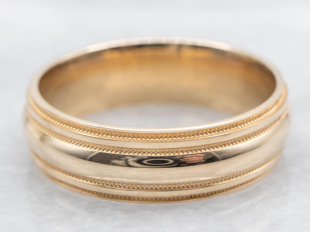 14K Yellow Gold Double Milgrain Wedding Band, Patterned Stacking Ring ...