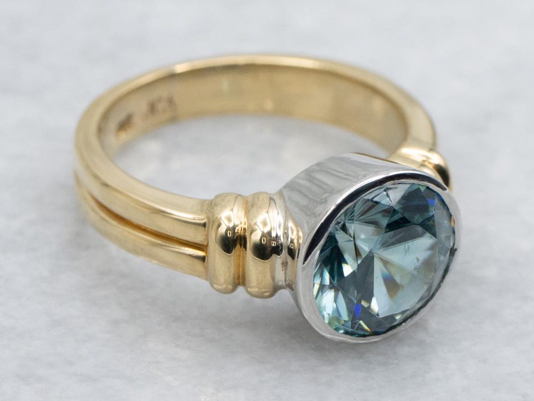 Modern Bezel-set Platinum and Gold Blue Zircon Solitaire Ring - Etsy