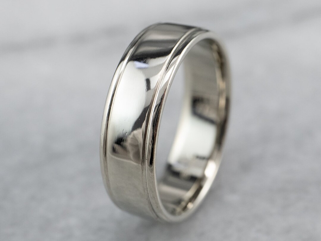 White Gold Lined Edged Wedding Band, Plain Gold Band, Unisex Wedding ...