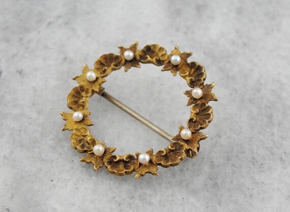 Antique Floral Wreath Pin with Seed Pearls in Yellow … - Gem