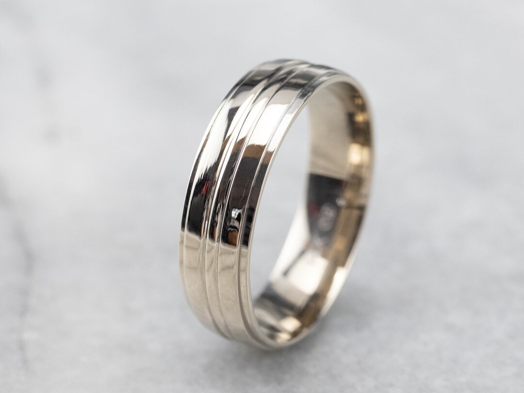 White Gold Lined Band, 14K White Gold, Unisex Wedding Band, Stacking ...