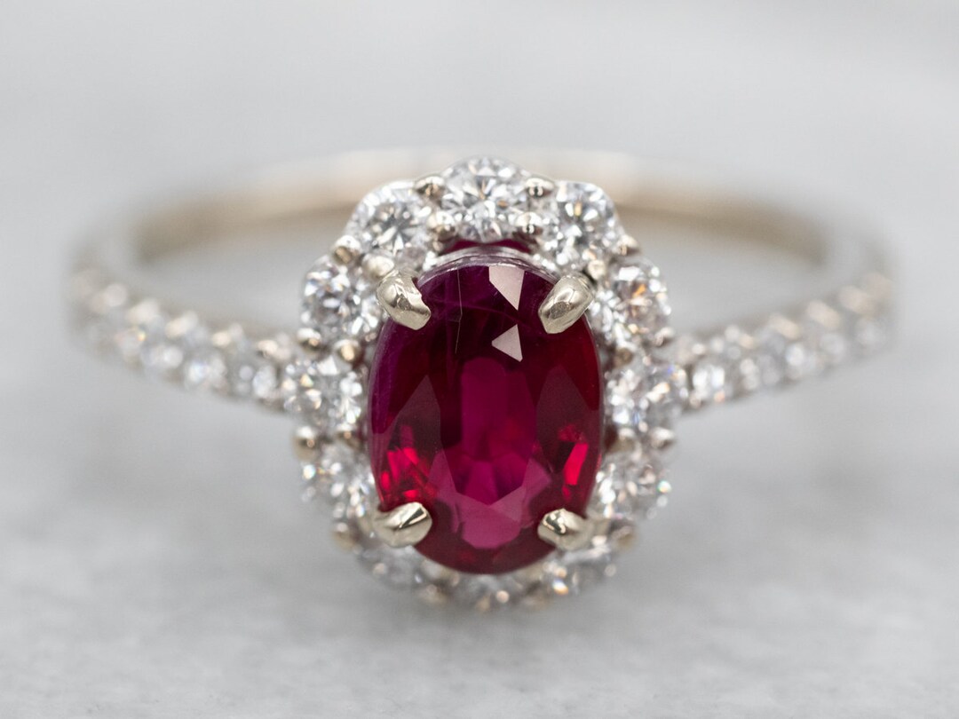 Ruby Diamond Halo Ring, Ruby Engagement, Anniversary Ring, July Birthstone, Ruby Jewelry, Modern ...