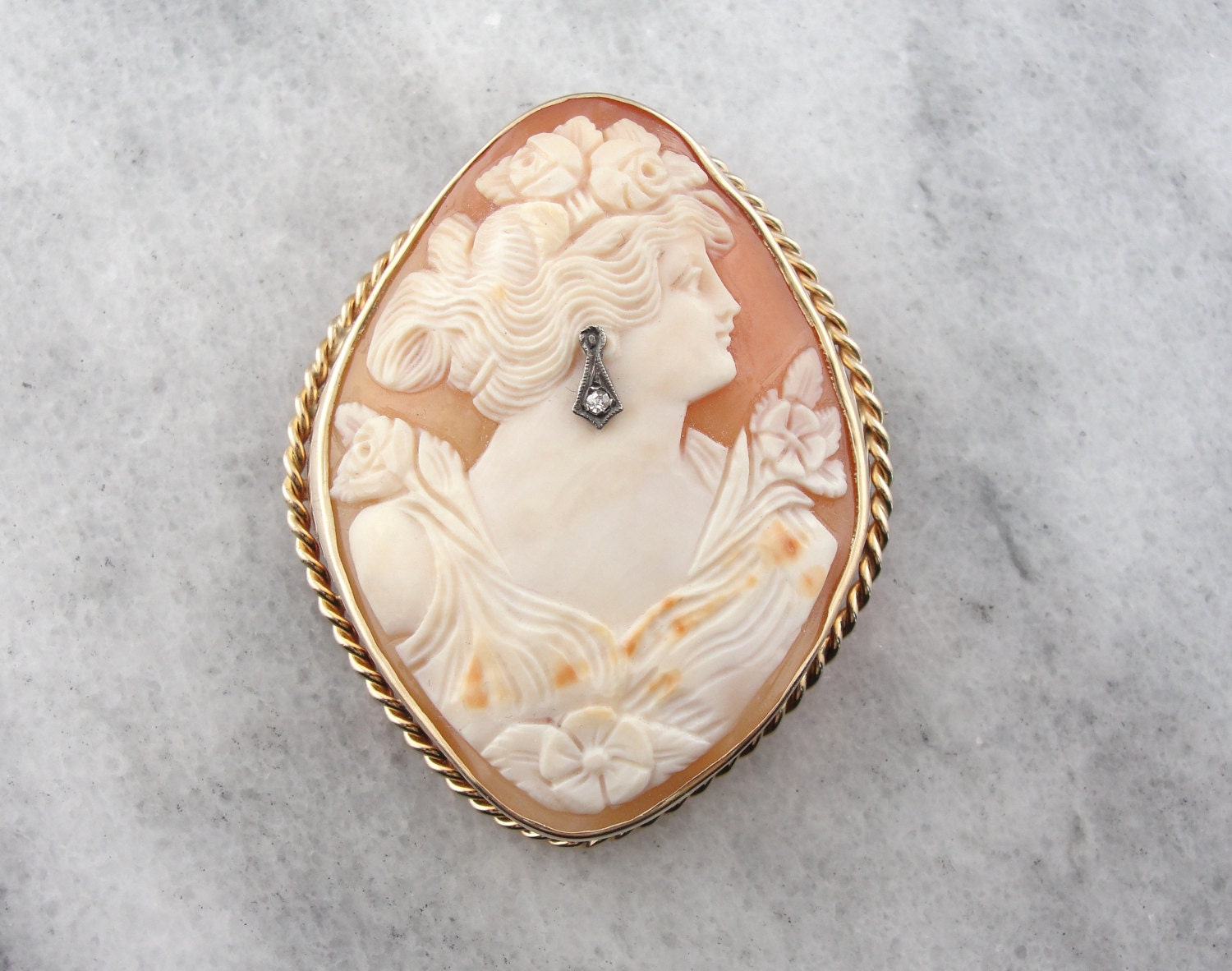 Rare Diamond Shaped Shell Cameo With Diamond Earring, Antique Gold ...
