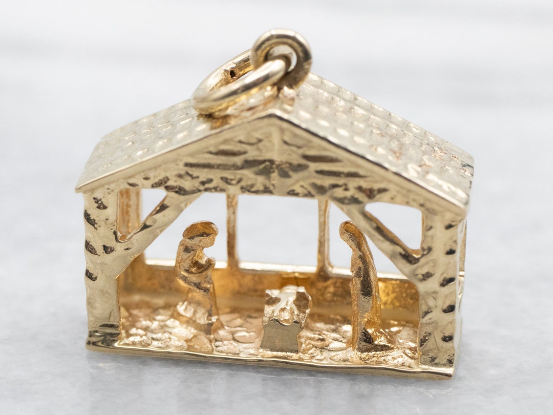 Vintage Gold Manger Pendant, Large Gold Charm, Creche Nativity Scene ...