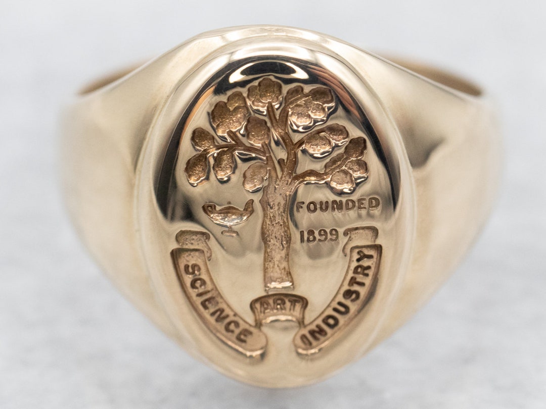 Yellow Gold Science and Art Industry Crest Ring With Tree Depicted ...