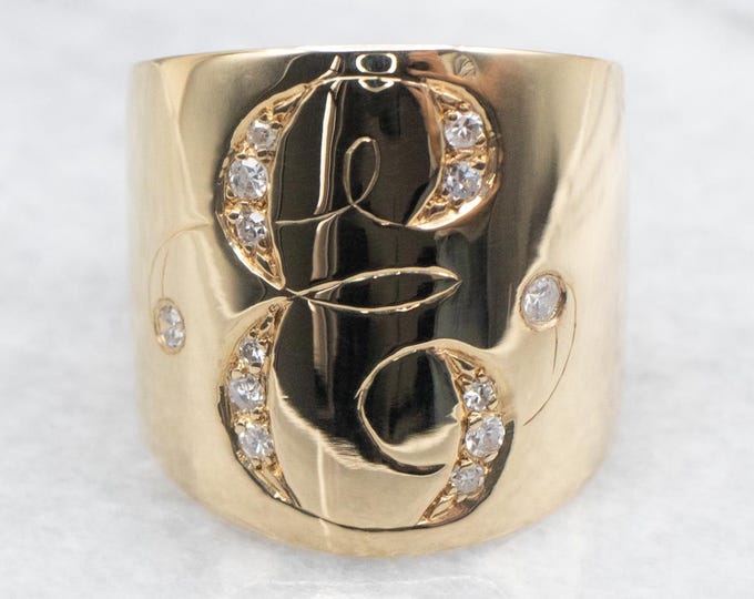 Cursive Letter E Diamond Ring, Wide Gold Diamond Ring, Letter E Ring ...