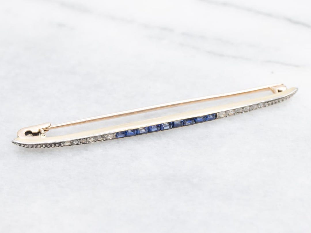Art Deco 14K Gold Brooch, Rose Cut Diamond and Sapphire Bar Pin - Etsy