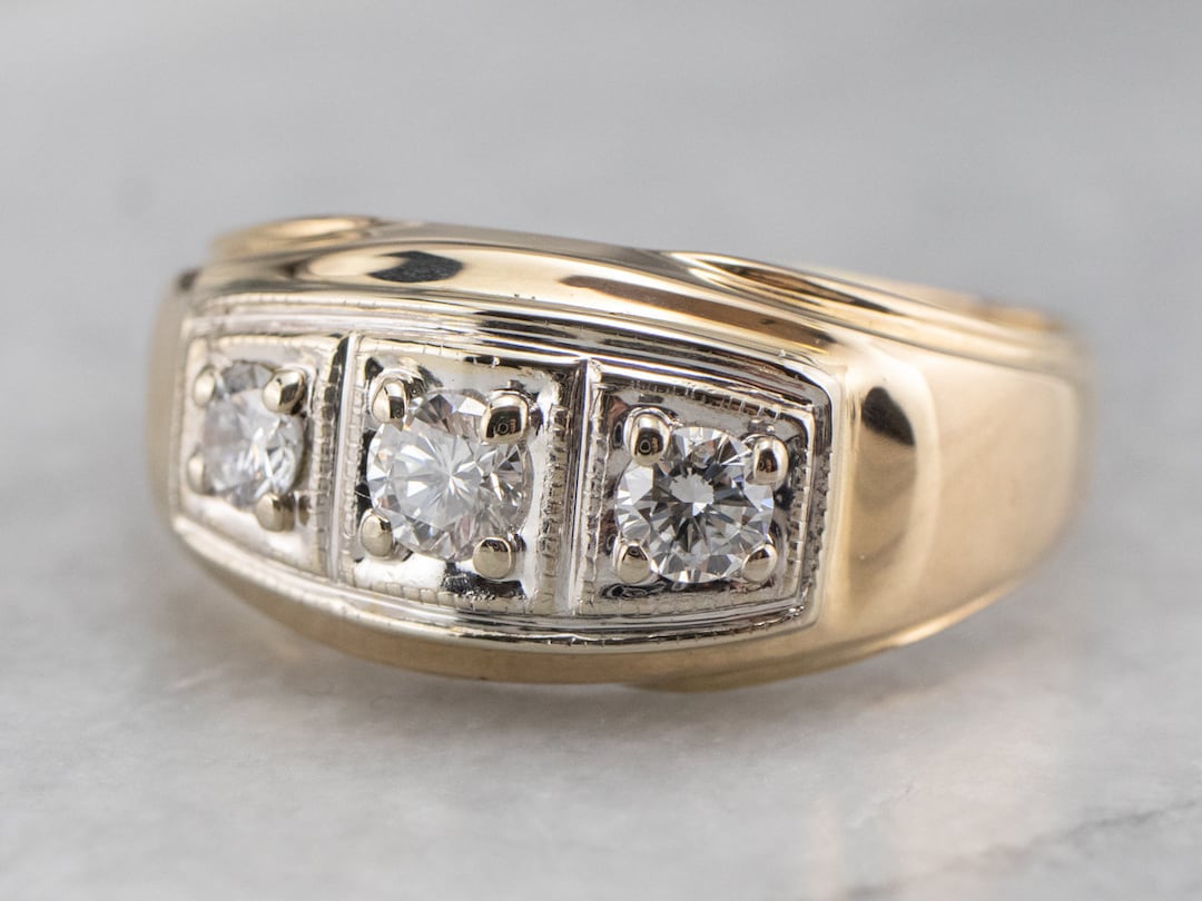 Retro Men's Three Diamond Ring, Vintage Diamond Two Tone Gold Band ...