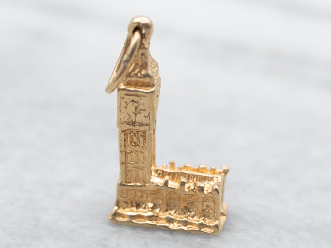 14K Yellow Gold Clock Tower Charm Pendant (11x25mm) - Etsy
