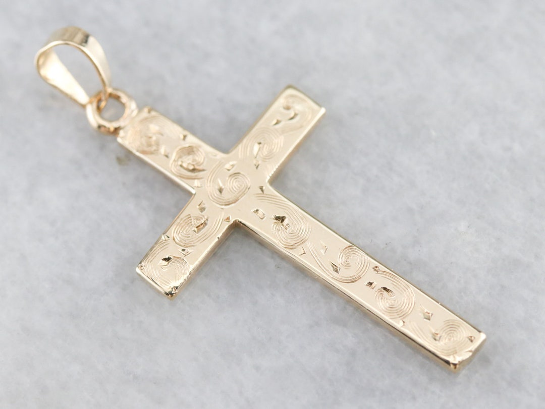 Etched Yellow Gold Cross, Retro Era Gold Cross, Vintage Gold Cross ...