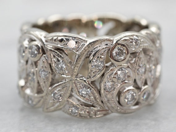 Botanical Diamond Band, White Gold Diamond Band, Wide… - Gem