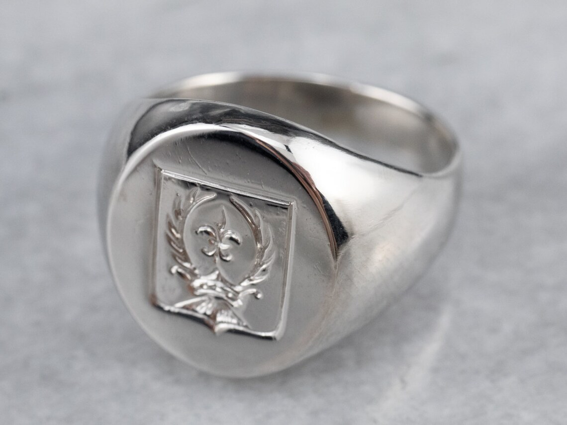 Platinum Fleur De Lis Signet Ring, Heavy Laurel Emblem (size 8) - Etsy