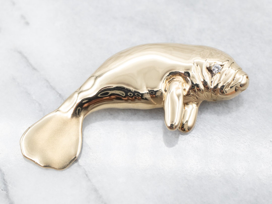 14K Gold Diamond Manatee Pendant, Marine Animal Charm - Etsy