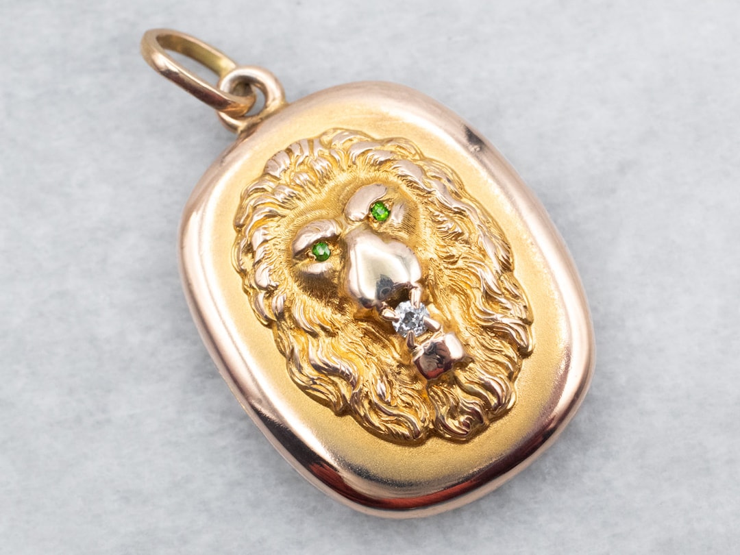 Yellow Gold Old Mine Cut Diamond and Demantoid Garnet Lion Locket With ...
