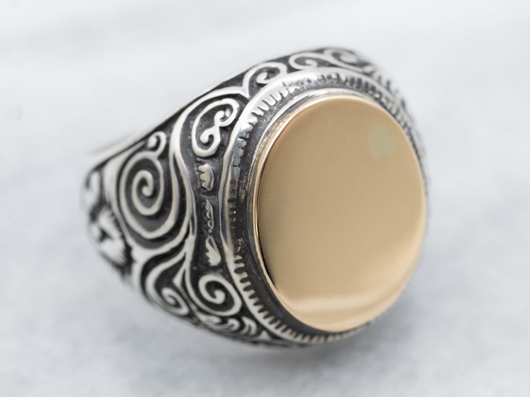 Ornate Sterling Silver Signet Ring With Gold Placard, Monogram Ready - Etsy