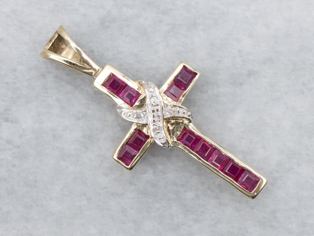 Two Tone Gold Ruby and Diamond Cross Pendant - Etsy