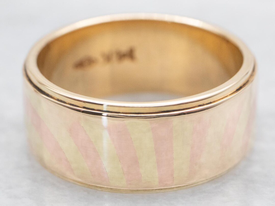 Two Tone Wide Swirl Band With Lined Edge, Yellow and Rose Gold Band ...