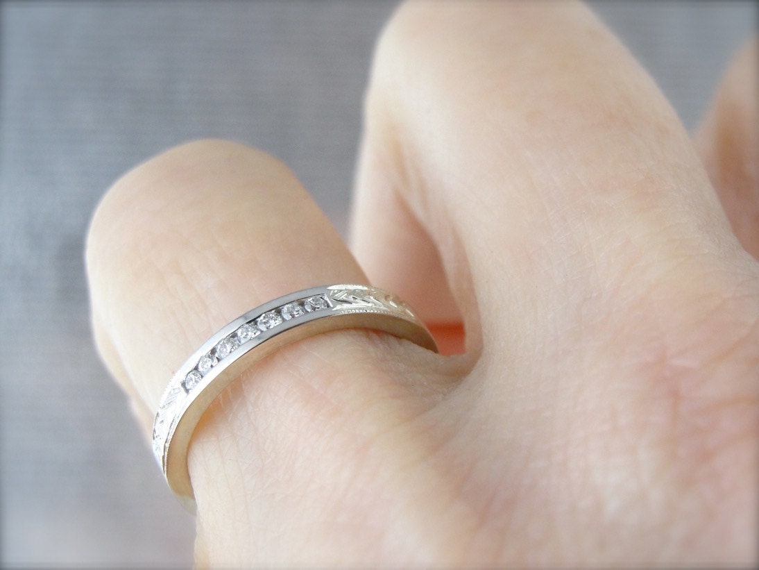Etched Channel Set Diamond Band White Gold Wedding Ring | Etsy