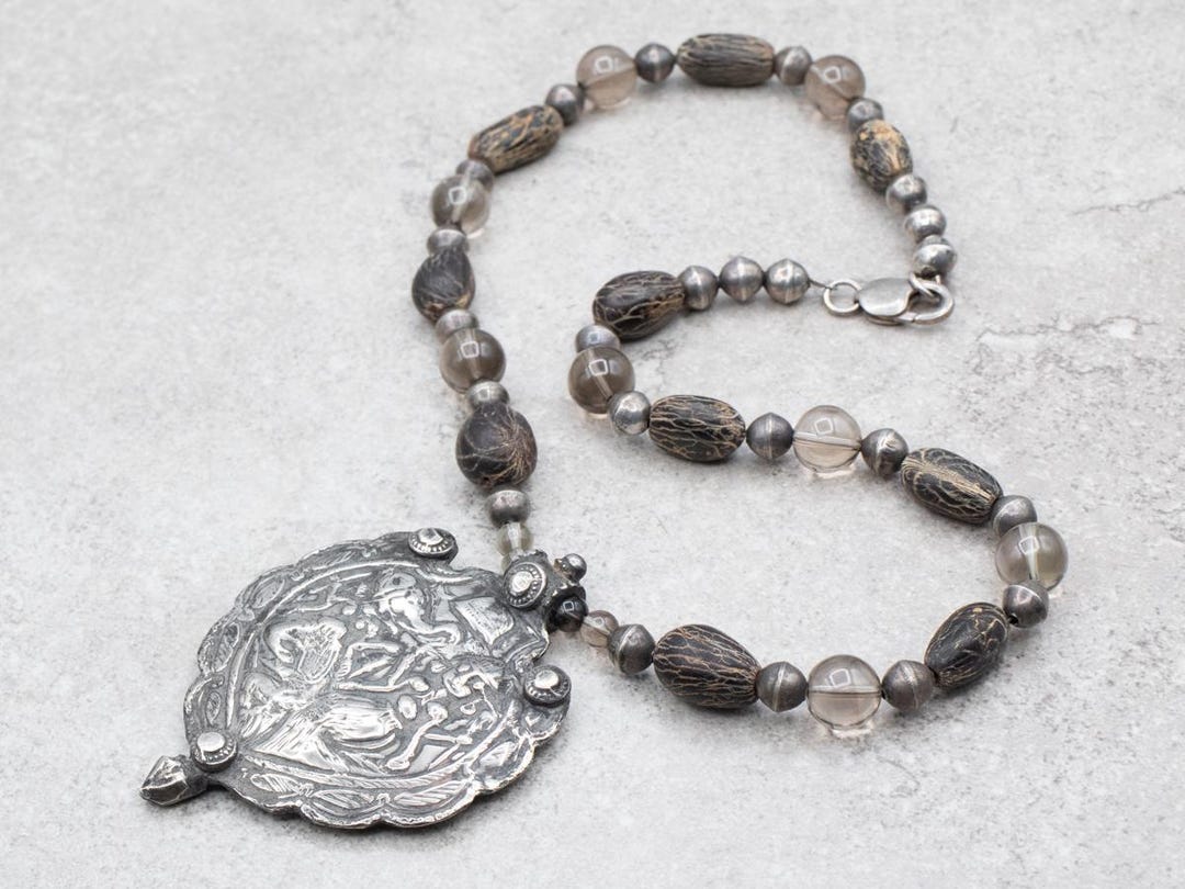 Vintage Silver Shield Necklace, Smoky Quartz & Nut Beads, 20 Inch - Etsy