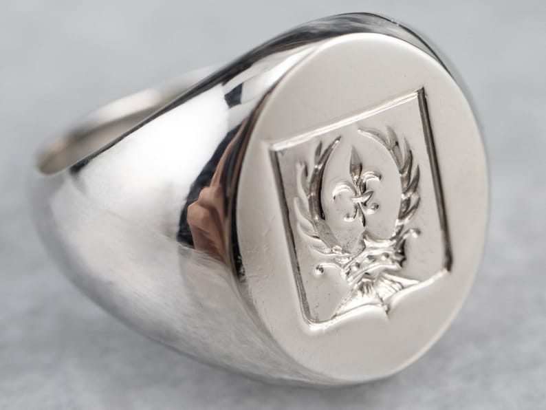 Platinum Fleur De Lis Signet Ring, Heavy Laurel Emblem - Etsy