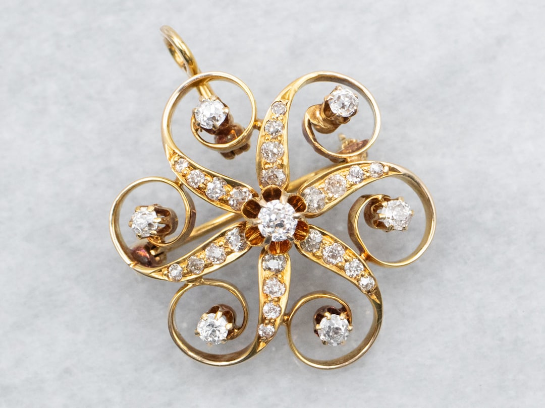 10K Yellow Gold Old Mine Cut Diamond Pinwheel Brooch Pendant - Etsy