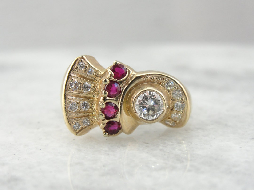 Vintage Ruby and Diamond Cocktail Ring From the Retro Era in Fine Gold ...