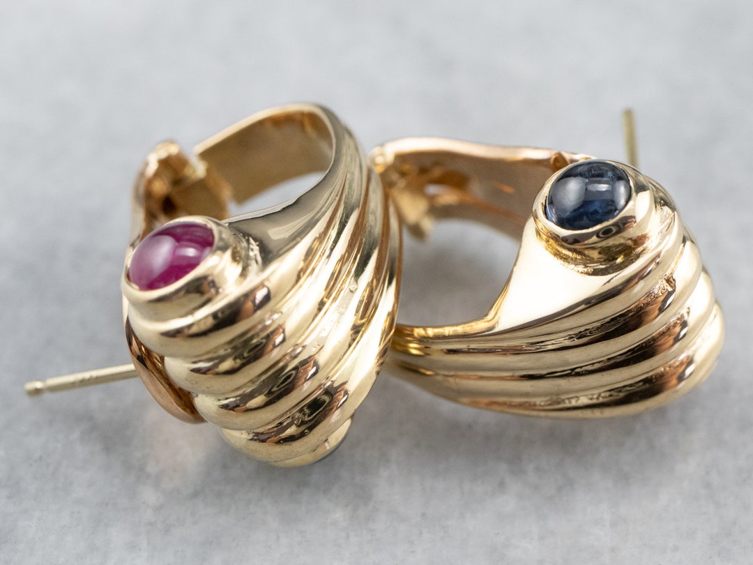 Vintage 18K Gold Partial Hoop Earrings, Ruby and Sapphire - Etsy