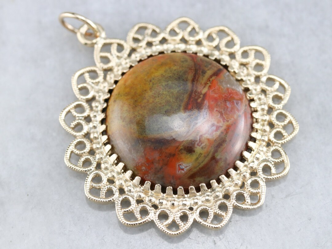 14K Yellow Gold Filigree Jasper Pendant, Round Cabochon - Etsy