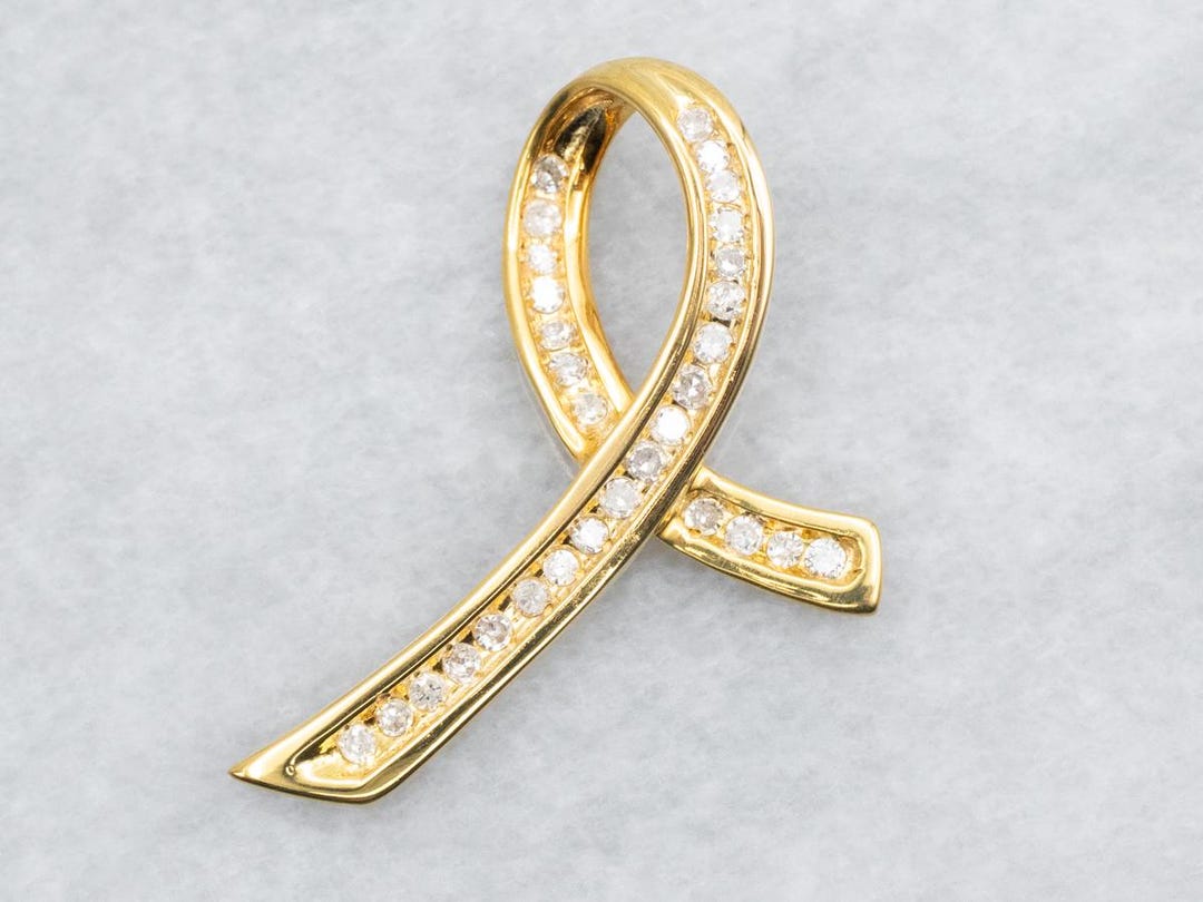 Channel Set Diamond Ribbon Pendant, Awareness Ribbon, Gold Ribbon ...