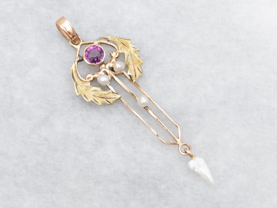 Art Nouveau 10K Gold Lavalier Pendant, Seed Pearl & Purple Glass - Etsy