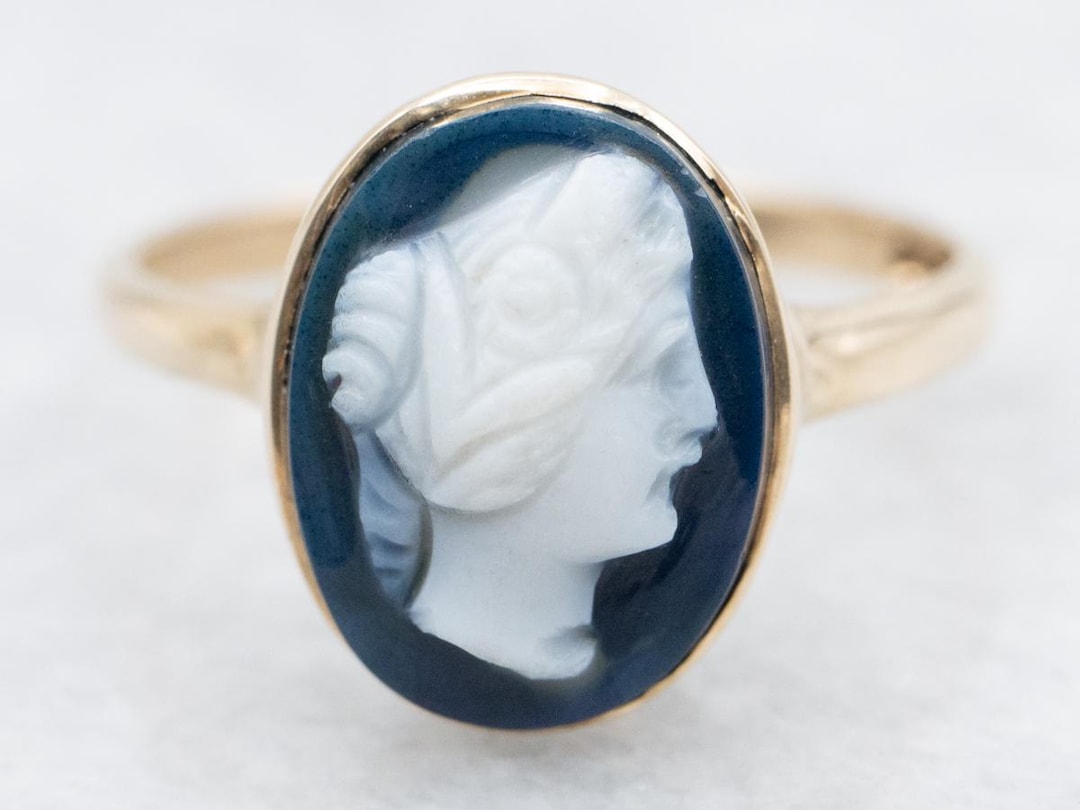 Bezel Set Blue and White Cameo Ring, Cameo Ring, Blue Cameo Ring, Blue ...