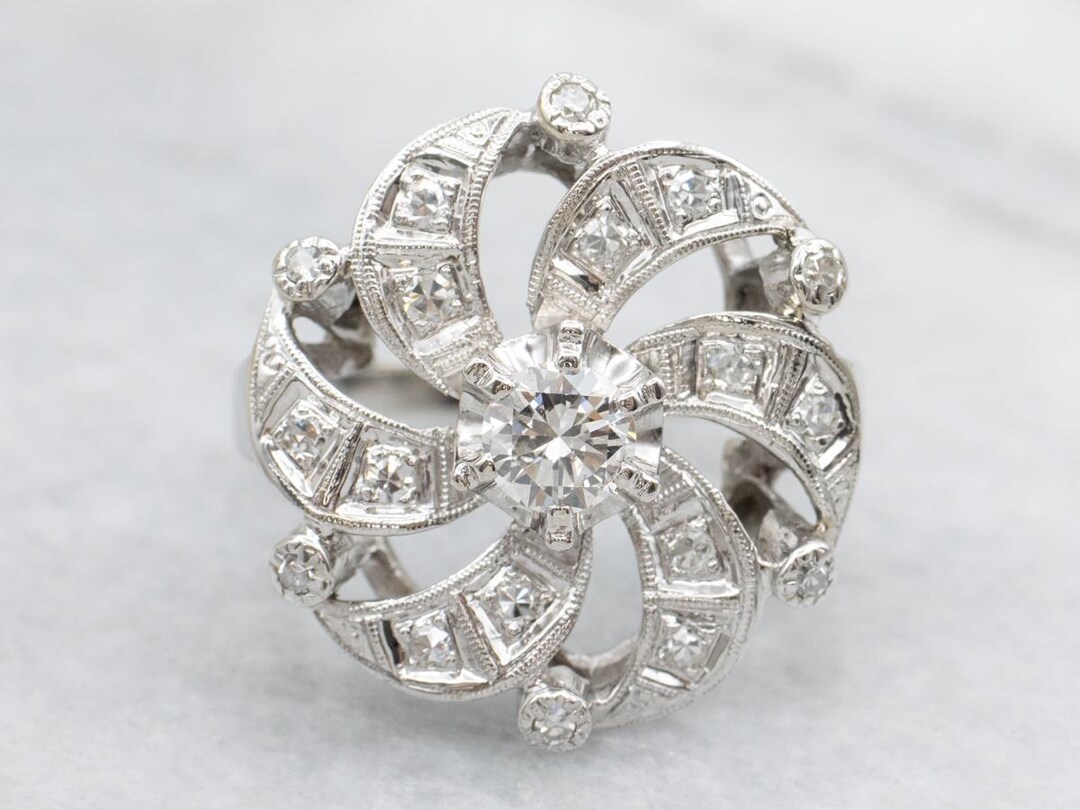 Retro 14K White Gold Diamond Pinwheel Cocktail Ring - Etsy