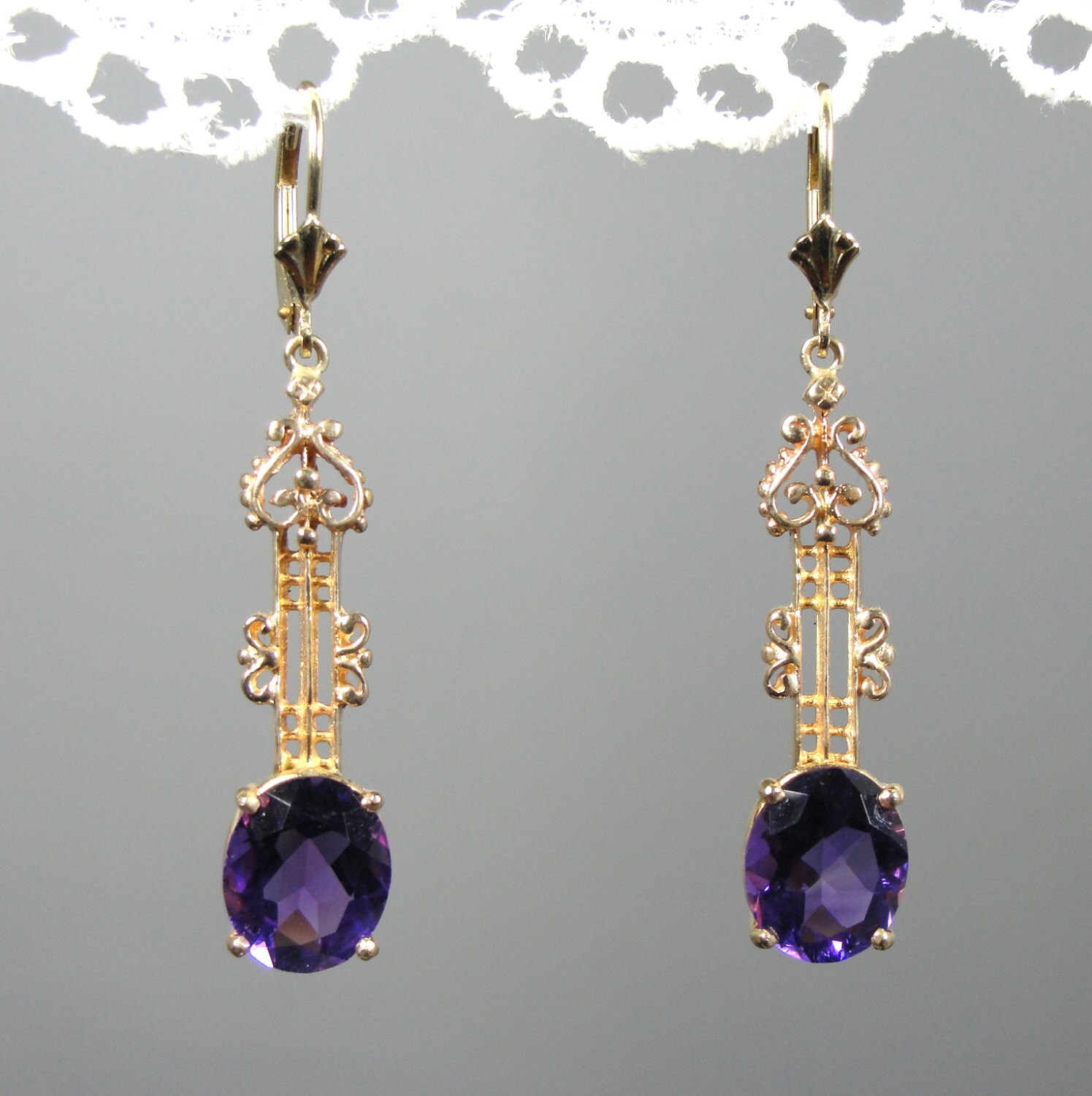 Royal Purple Amethyst Set in Long 14k Rose Gold, Victorian Earrings - Etsy