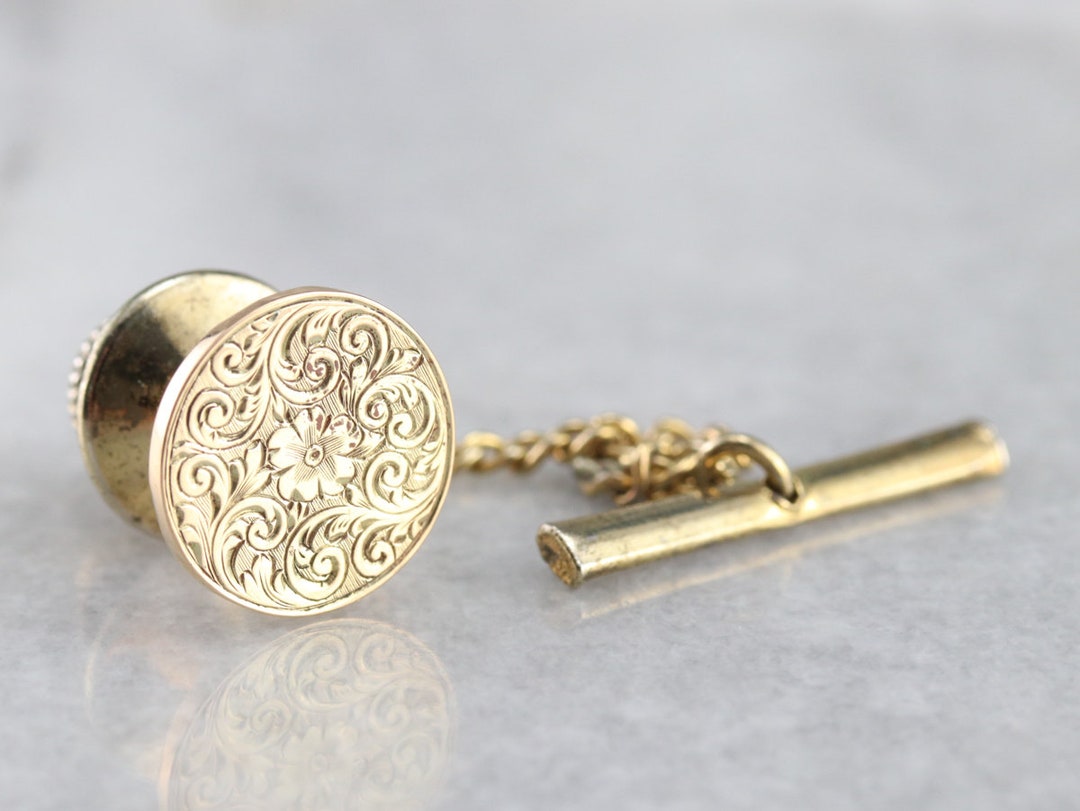 Vintage 14K Yellow Gold Tie Tack, Engraved Floral Motif - Etsy