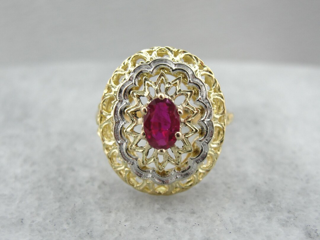 Ruby and Bright Gold Filigree Cocktail Ring V1JKH7-D - Etsy
