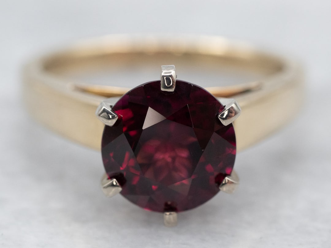 Two Tone Garnet Solitaire Ring, Garnet Solitaire, Garnet and Yellow Gold, Right Hand Ring ...