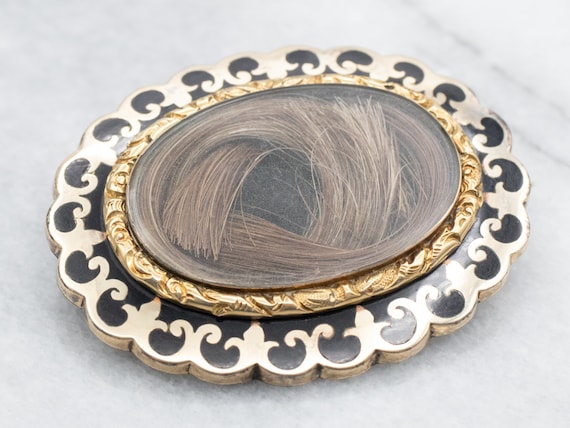 Victorian Era Mourning Brooch with Black Enamel and W… - Gem
