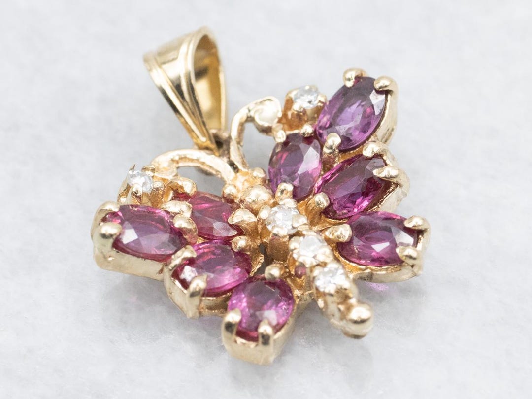 Ruby and Diamond Butterfly Pendant, Gold Pendant, Birthday Gift, Summer ...