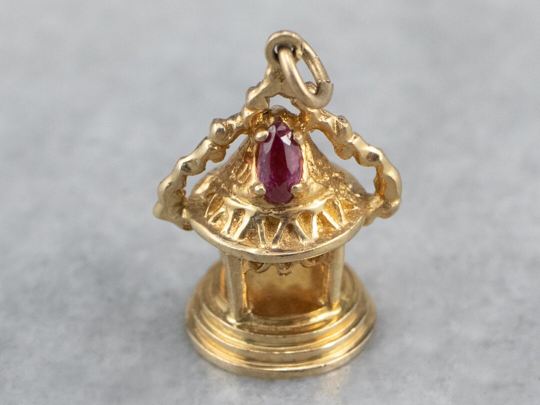 Ornate Ruby Temple Charm, Vintage Gold Charm, Yellow Gold Charm ...
