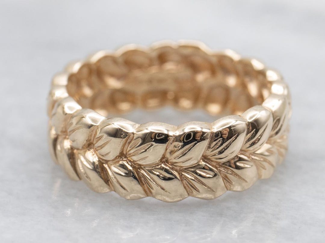 14K Yellow Gold Braided Leaf Band, Pattern Wedding Ring - Etsy