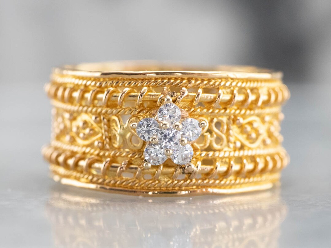 Vintage 22K Gold Filigree Diamond Band, Floral Diamond Ring, Wide Gold ...