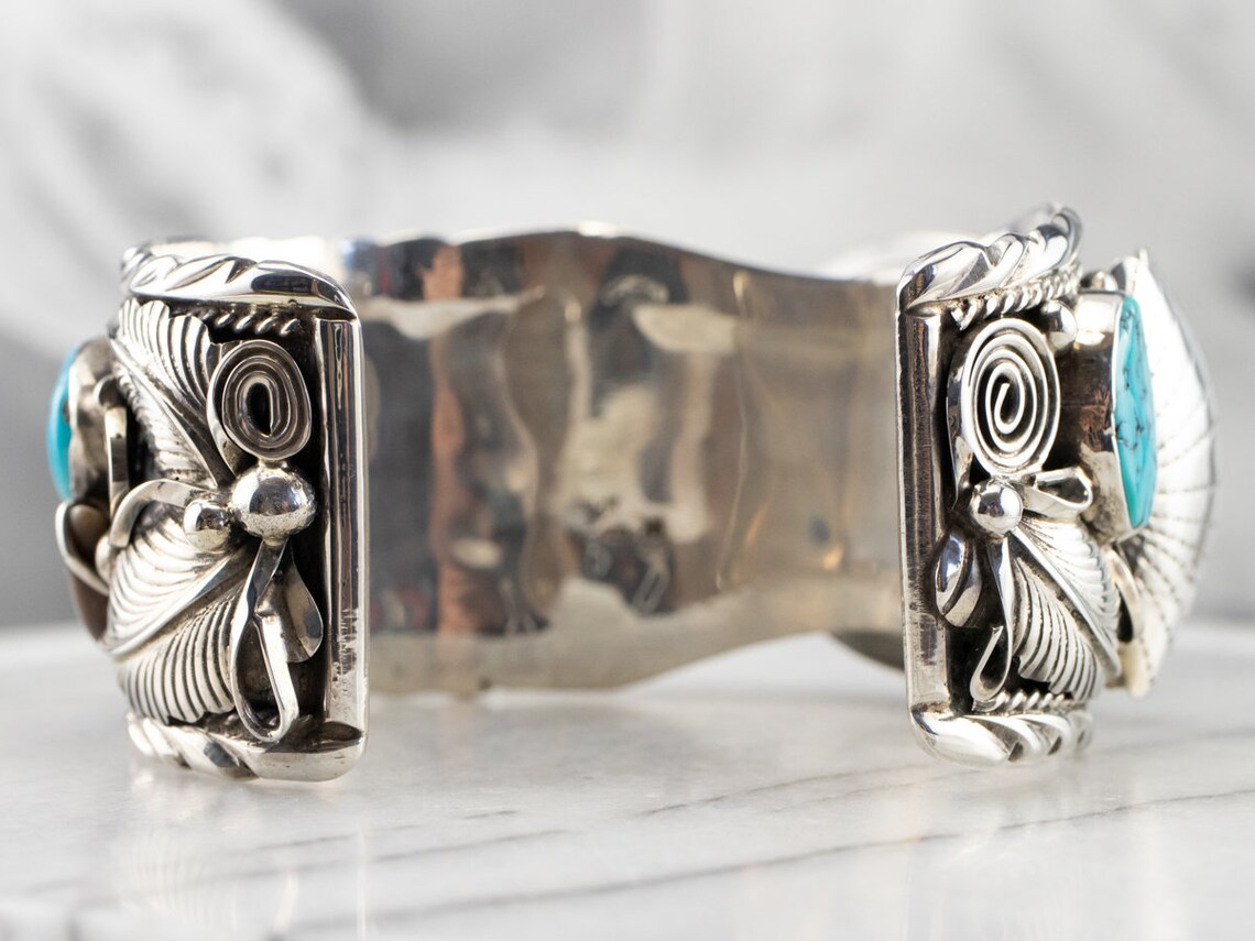 Navajo Coral and Turquoise Watch Cuff, Sterling Silver Cuff, Vintage ...