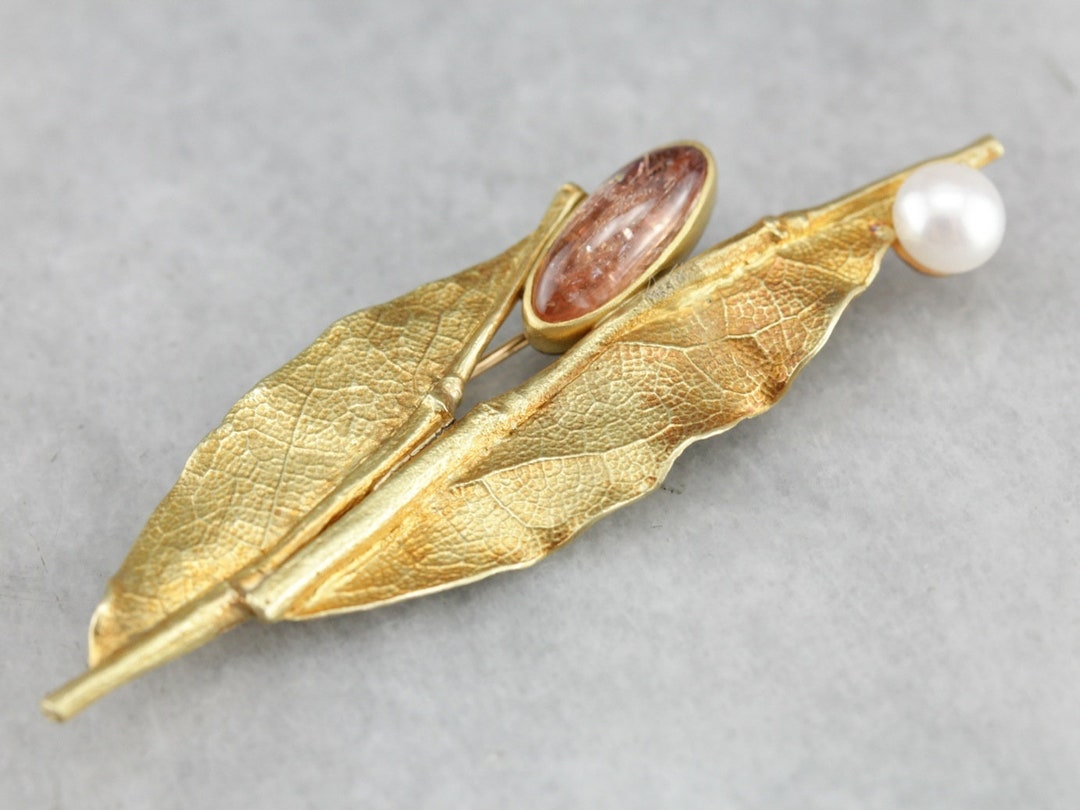 Ann Krupp Sunstone Leaf Gold Brooch - Etsy