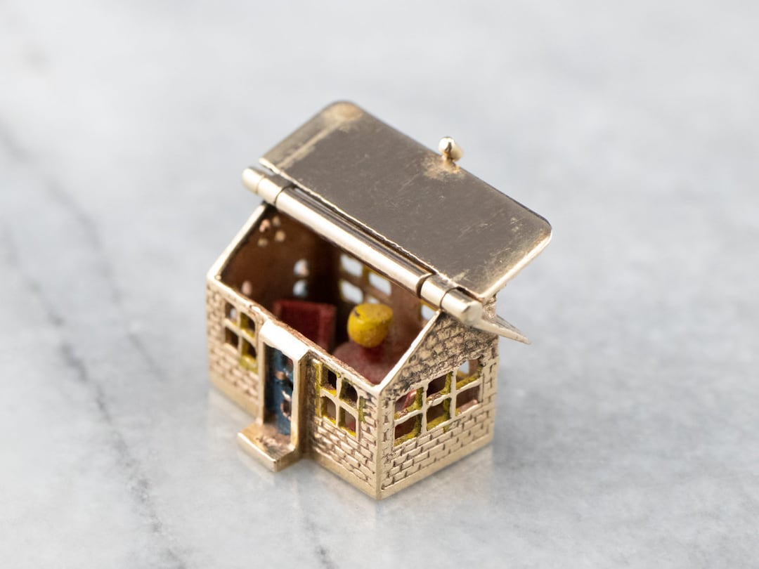 Vintage Enamel and Gold House Charm, Gold House Charm, Housewarming ...