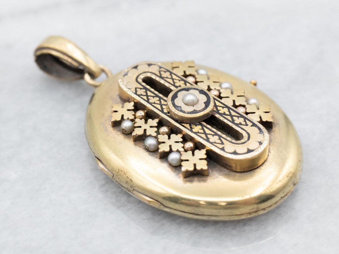 Antique Gold & Pearl Locket, Victorian Enamel and Pearl Pendant ...